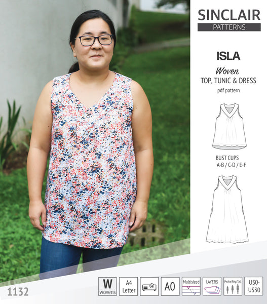 Isla V-neck sleeveless top, tunic and dress for woven and knit fabrics - Sinclair Patterns