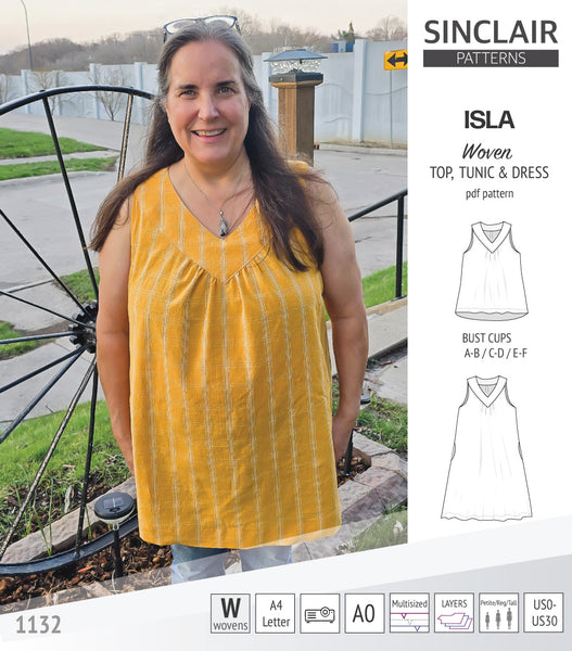 Isla V-neck sleeveless top, tunic and dress for woven and knit fabrics - Sinclair Patterns