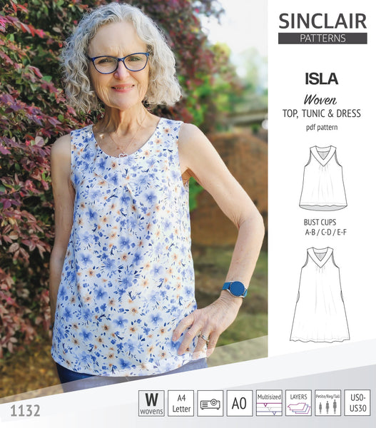 Isla V-neck sleeveless top, tunic and dress for woven and knit fabrics ...