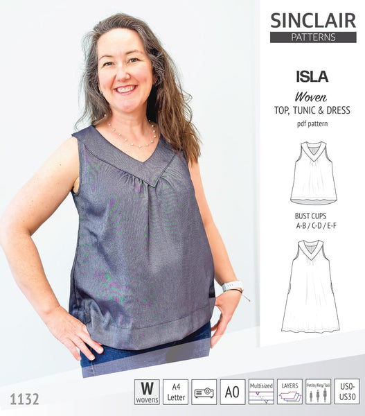 Isla V-neck sleeveless top, tunic and dress for woven and knit fabrics - Sinclair Patterns