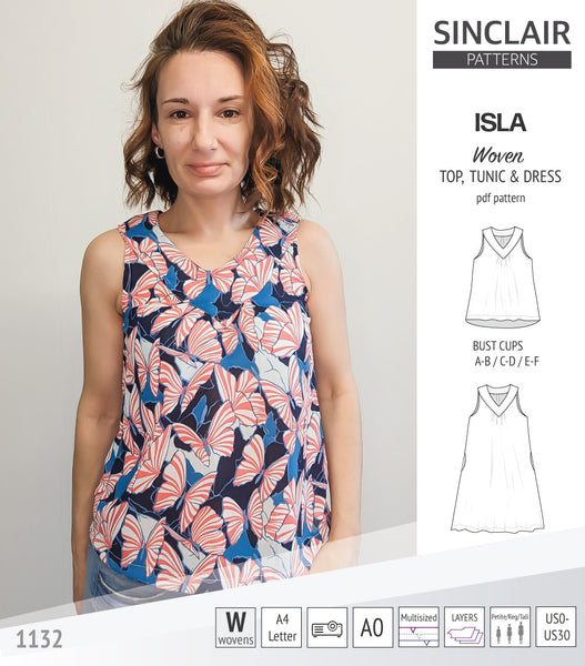 Isla V-neck sleeveless top, tunic and dress for woven and knit fabrics - Sinclair Patterns