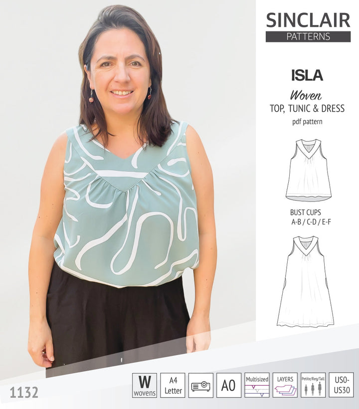 Isla V-neck sleeveless top, tunic and dress for woven and knit fabrics ...