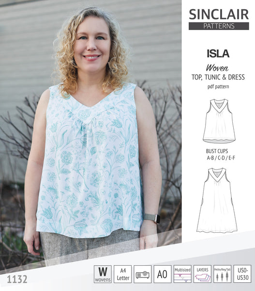 Isla V-neck sleeveless top, tunic and dress for woven and knit fabrics - Sinclair Patterns