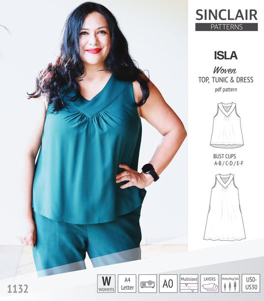 Isla V-neck sleeveless top, tunic and dress for woven and knit fabrics - Sinclair Patterns