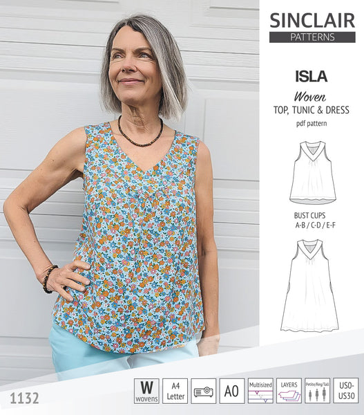 Isla V-neck sleeveless top, tunic and dress for woven and knit fabrics - Sinclair Patterns