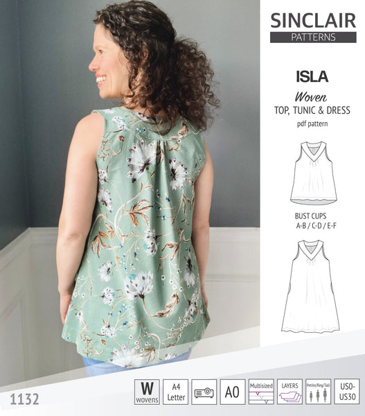 Isla V-neck sleeveless top, tunic and dress for woven and knit fabrics - Sinclair Patterns