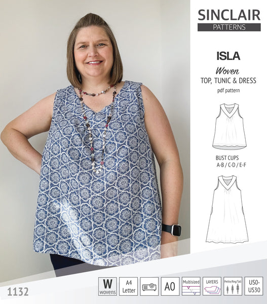 Isla V-neck sleeveless top, tunic and dress for woven and knit fabrics ...