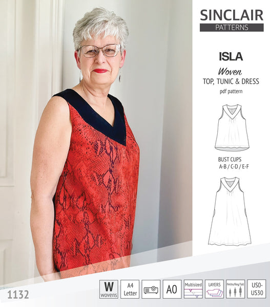 Isla V-neck sleeveless top, tunic and dress for woven and knit fabrics ...