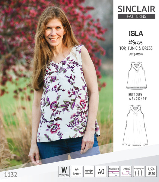 Isla V-neck sleeveless top, tunic and dress for woven and knit fabrics - Sinclair Patterns