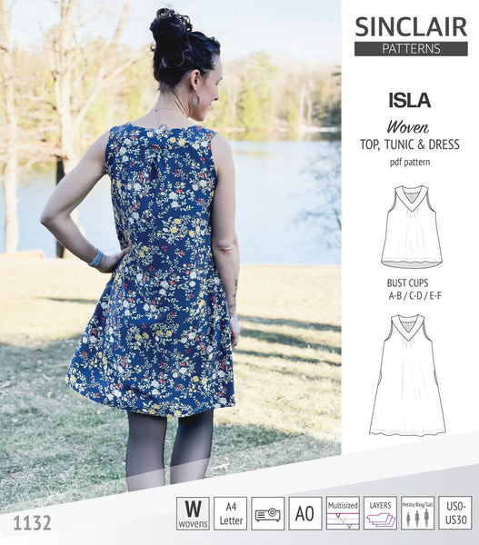 Isla V-neck sleeveless top, tunic and dress for woven and knit fabrics - Sinclair Patterns
