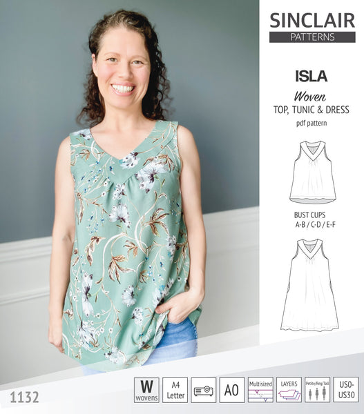 Isla V-neck sleeveless top, tunic and dress for woven and knit fabrics ...
