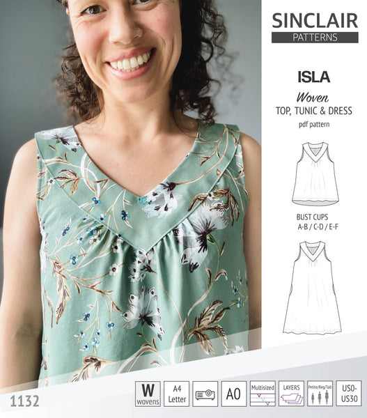 Isla V-neck sleeveless top, tunic and dress for woven and knit fabrics - Sinclair Patterns