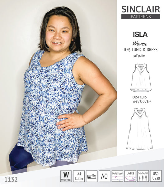 Isla V-neck sleeveless top, tunic and dress for woven and knit fabrics - Sinclair Patterns