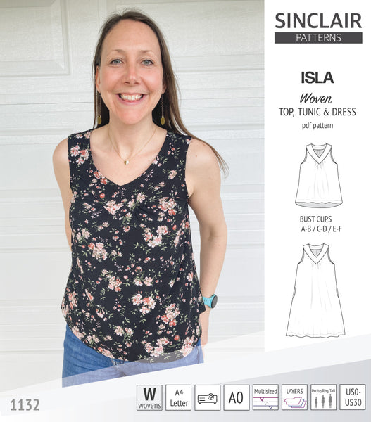 Isla V-neck sleeveless top, tunic and dress for woven and knit fabrics - Sinclair Patterns