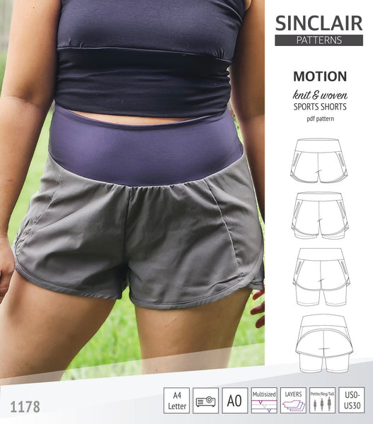 Motion sports shorts with a yoke, pockets and underlay shorties (pdf sewing pattern) - Sinclair ...