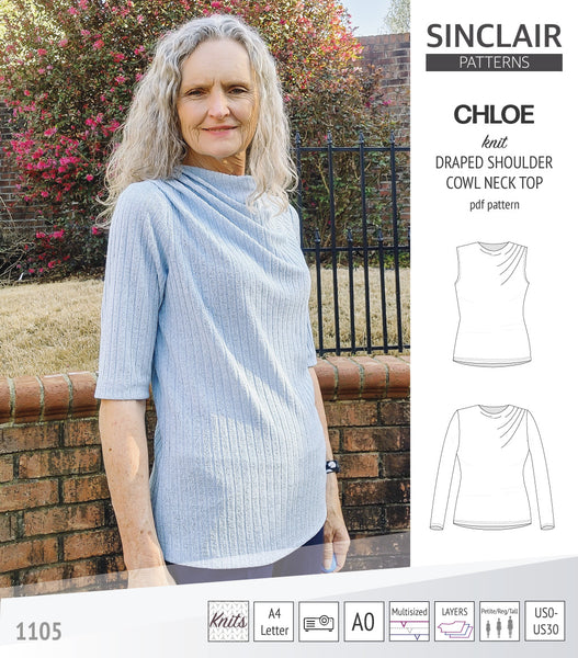 Chloe draped shoulder top with a high cowl neck (PDF) - Sinclair Patterns