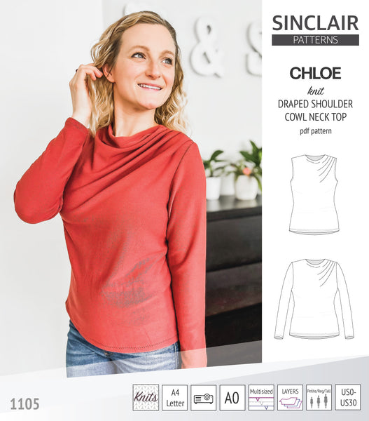 Chloe draped shoulder top with a high cowl neck (PDF) - Sinclair Patterns