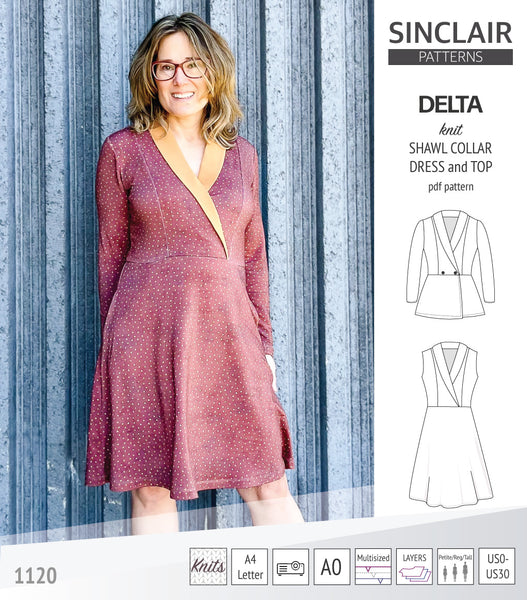 Delta knit shawl collar dress and top with princess seams (PDF ...