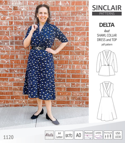Delta knit shawl collar dress and top with princess seams (PDF ...