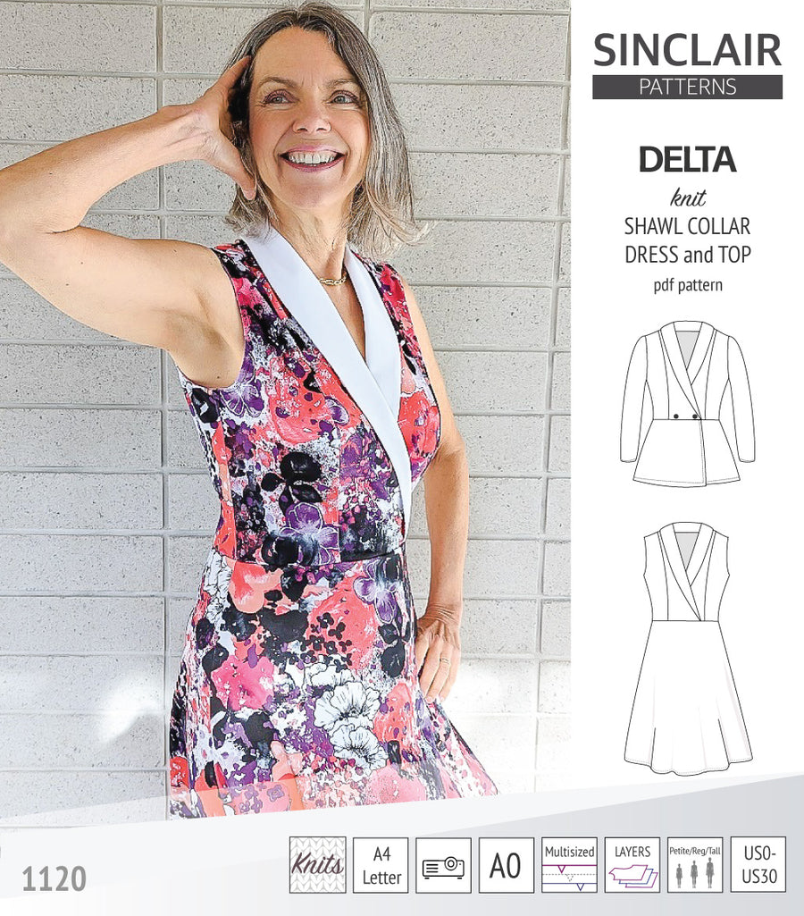 Delta knit shawl collar dress and top with princess seams (PDF ...
