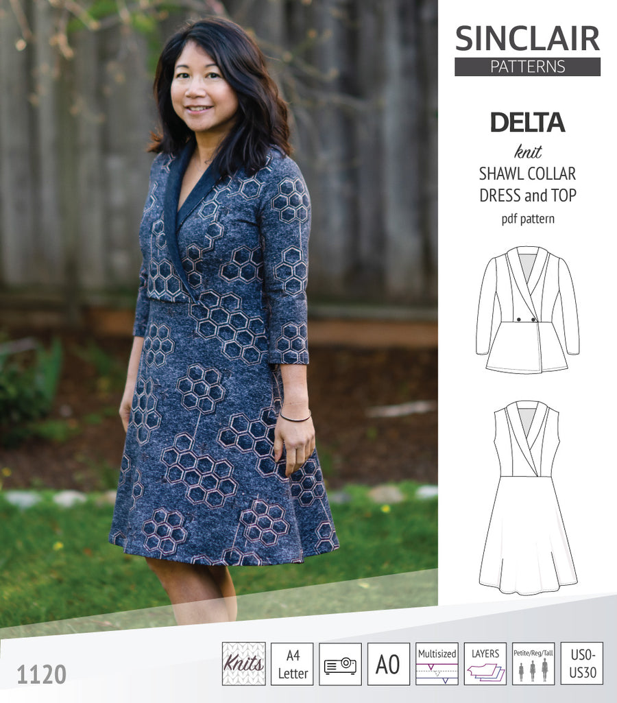 Delta knit shawl collar dress and top with princess seams (PDF ...